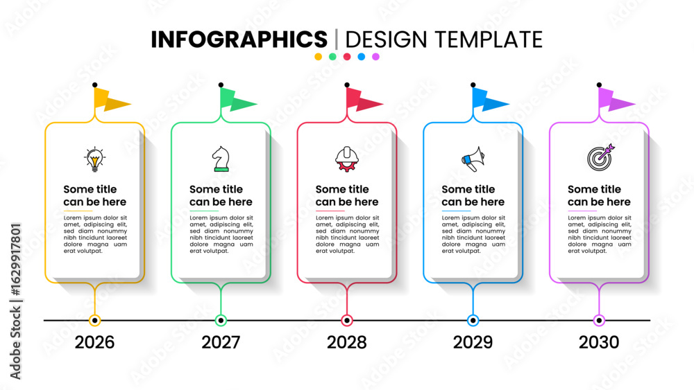 Infographic template. Timeline with flags and 5 rectangular banners ...