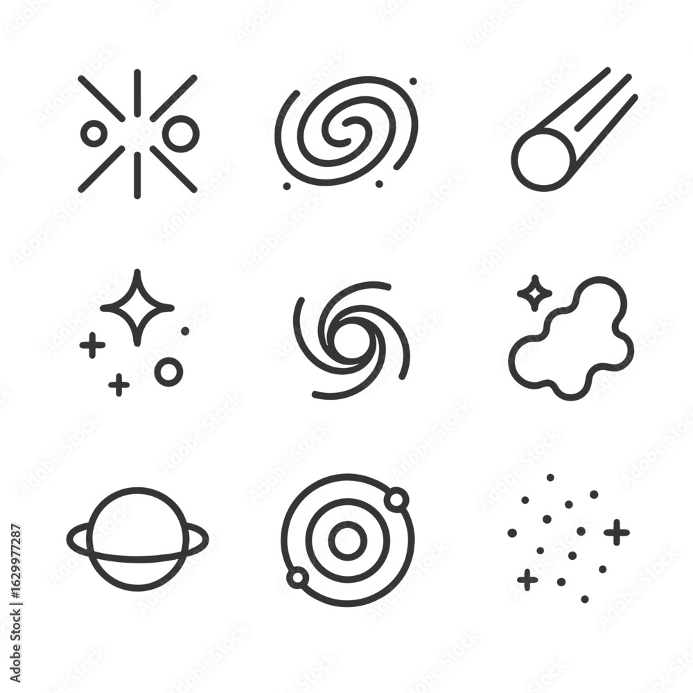 Cosmic Origin Icons. Outline icon set of cosmic origin: Big Bang ...