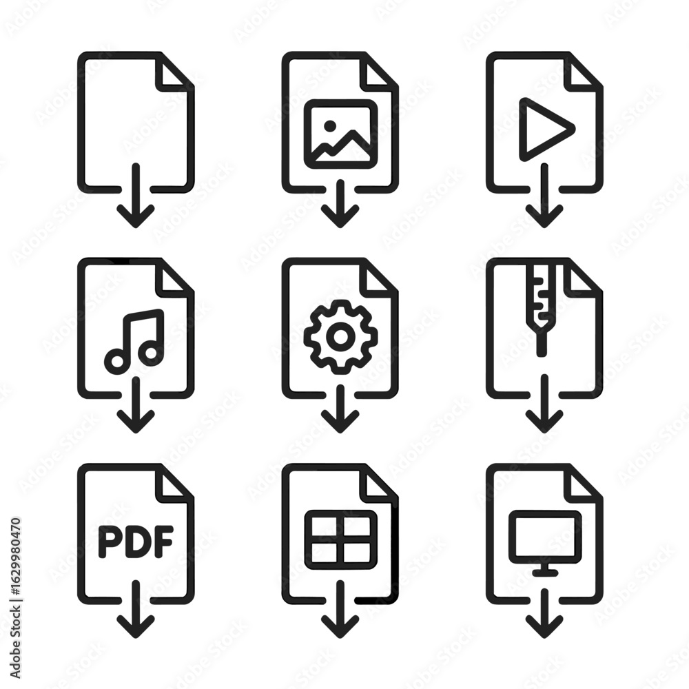 Download Icons Grid. Outline icon set of file download types: document ...