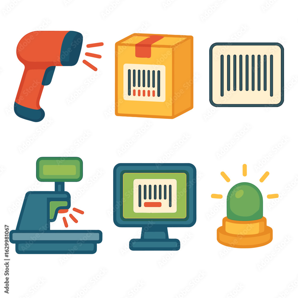Checkout Barcode Scanning. Flat vector mini-illustrations of checkout ...