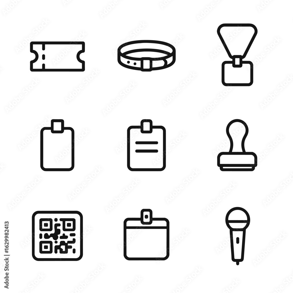 Event Badge Icons. Outline icon set of event badges: ticket, wristband ...