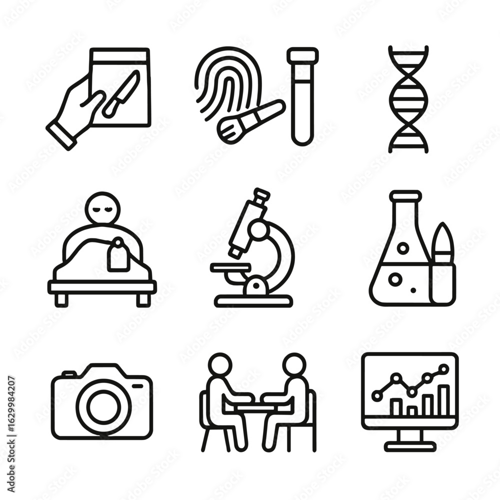 Forensic Procedure Icons. Outline icon set of forensic procedures ...