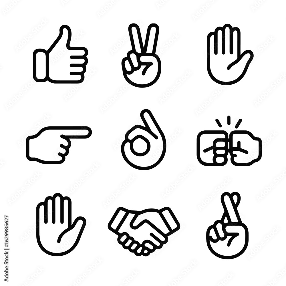 Hand Gesture Icons. Outline icon set of hand signs and gestures: thumbs ...