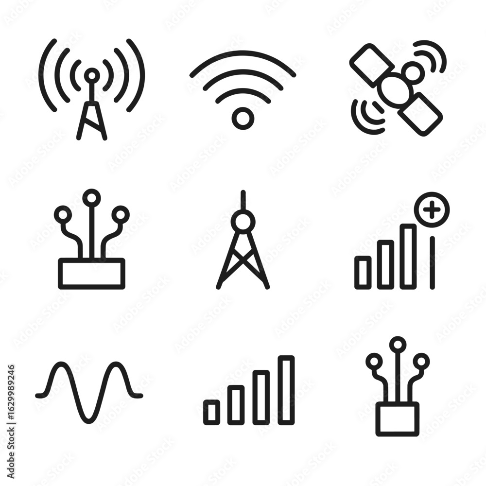 Communication Wave Icons. Outline icon set of wave in communication ...