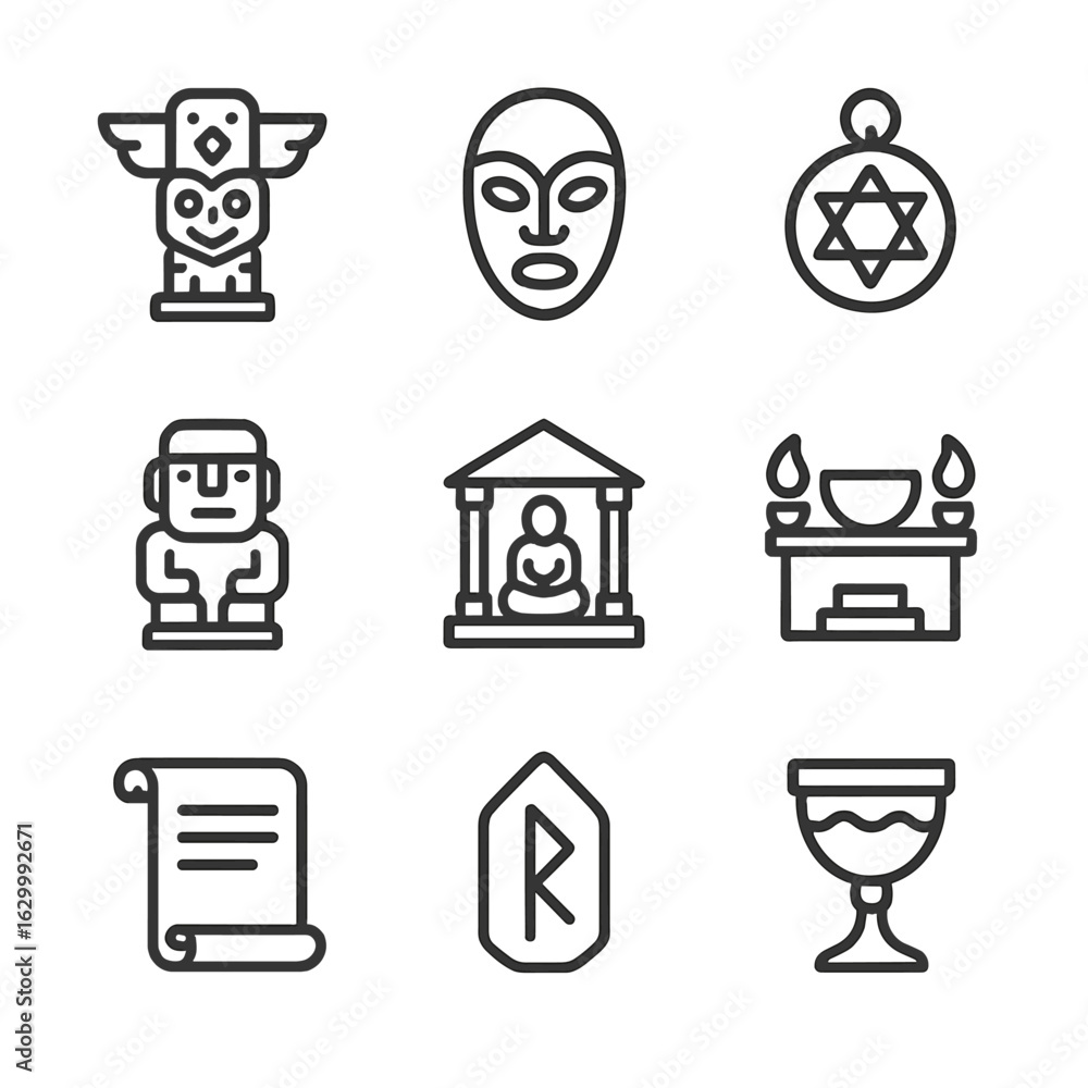 Mythic Icon Collection. Outline icon set of mythic cultural motifs ...
