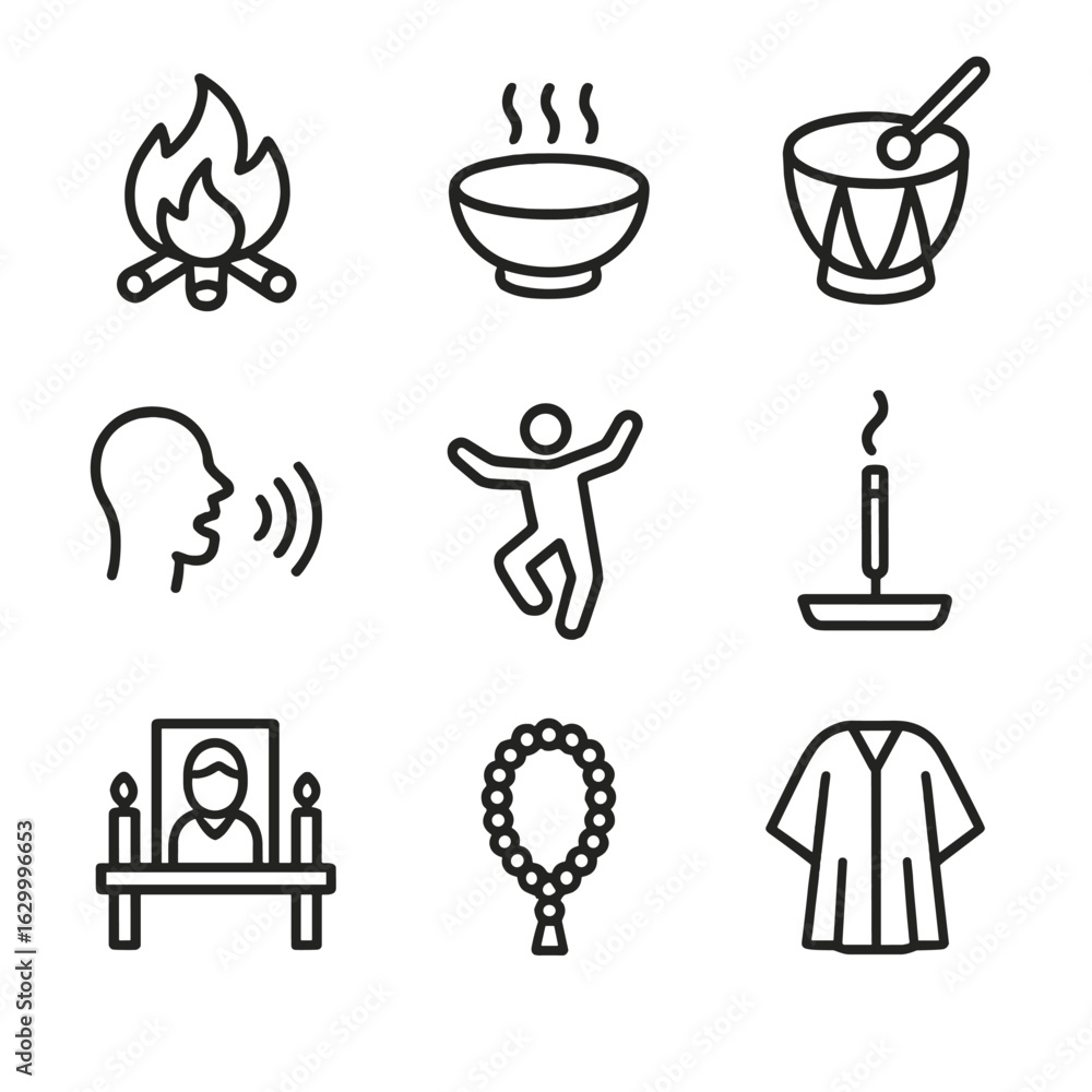 Ancestral Ritual Icons. Outline icon set of ancestral rituals: fire ...