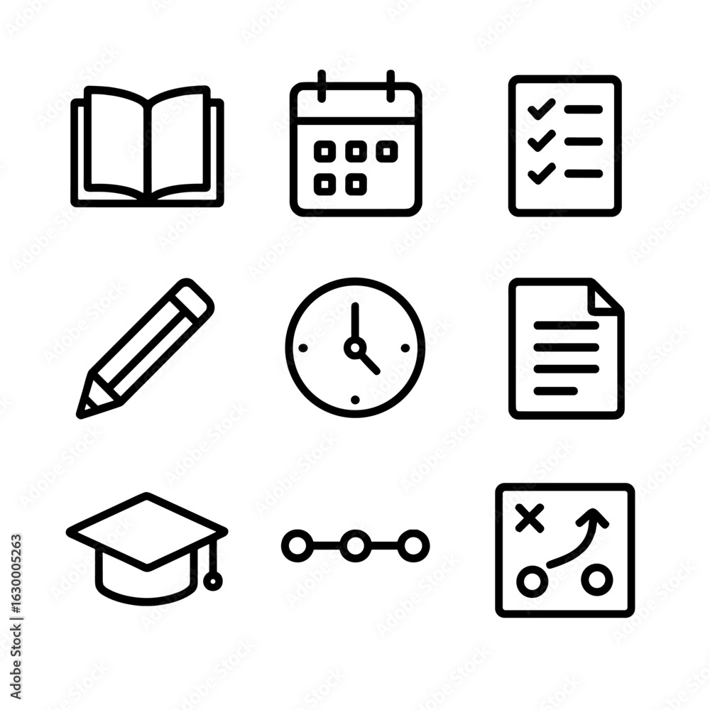 Study Plan Icons. Outline icon set of study plan: book, calendar ...