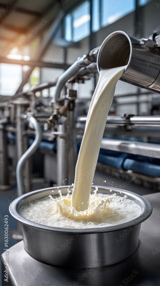 processing room where fresh milk undergoes pasteurization using modern ...