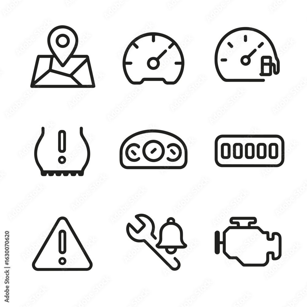 Vehicle Monitoring Icons. Outline icon set of vehicle monitoring: GPS ...