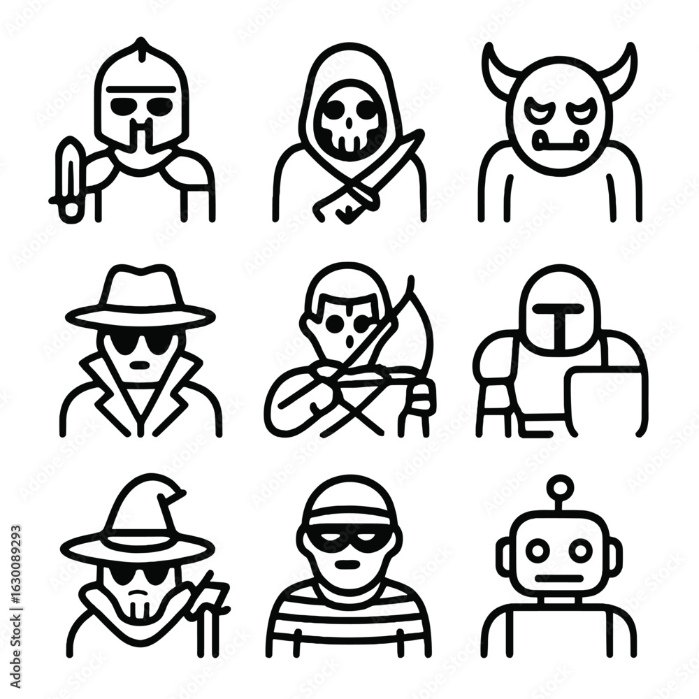 Enemy Icon Set. Outline icon set of enemy characters: warrior, assassin ...
