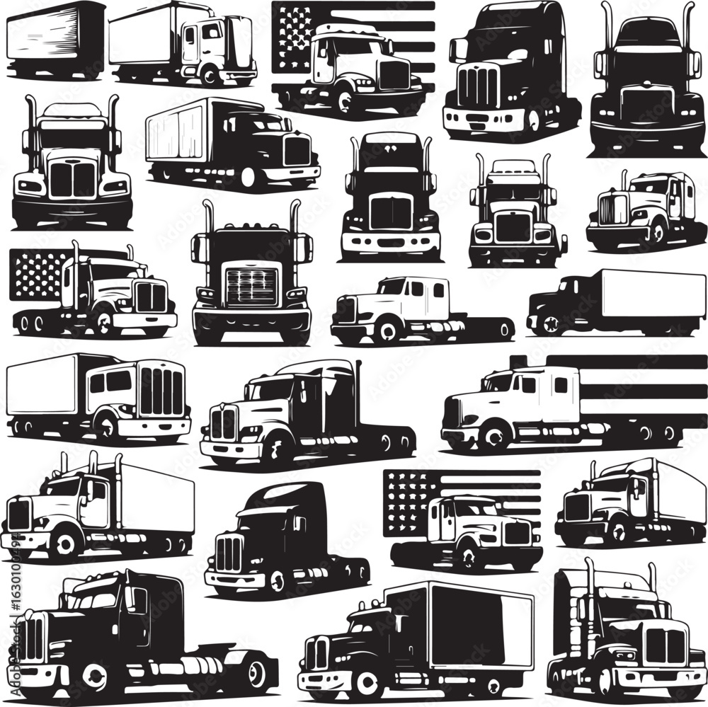 Semi-Trailer Truck Silhouette | Heavy Vehicle Vector Big Rig Truck ...