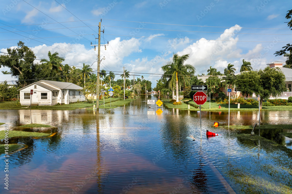 Flooded street in Florida after hurricane rainfall with road closed signs blocking driving of ...