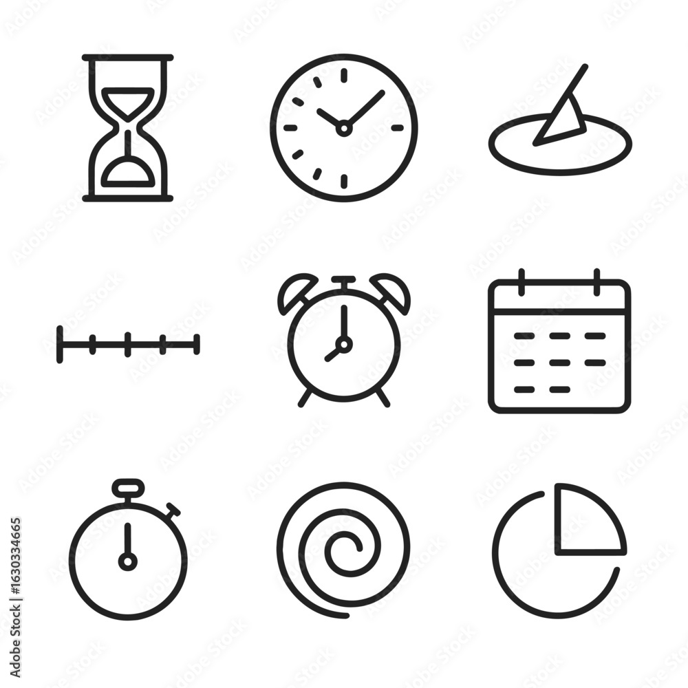 Time Icon Set. Outline icon set of time continuation: hourglass, clock ...