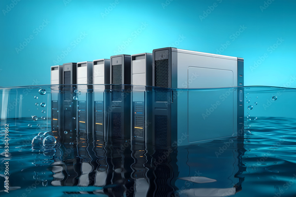 Row of Modern Server Towers Partially Submerged in Water, Showcasing ...
