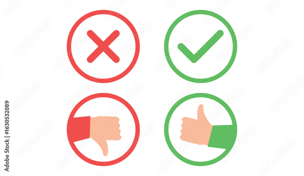 Approval and Rejection Icons – Thumbs Up Down, Check Mark, Cross Symbol ...