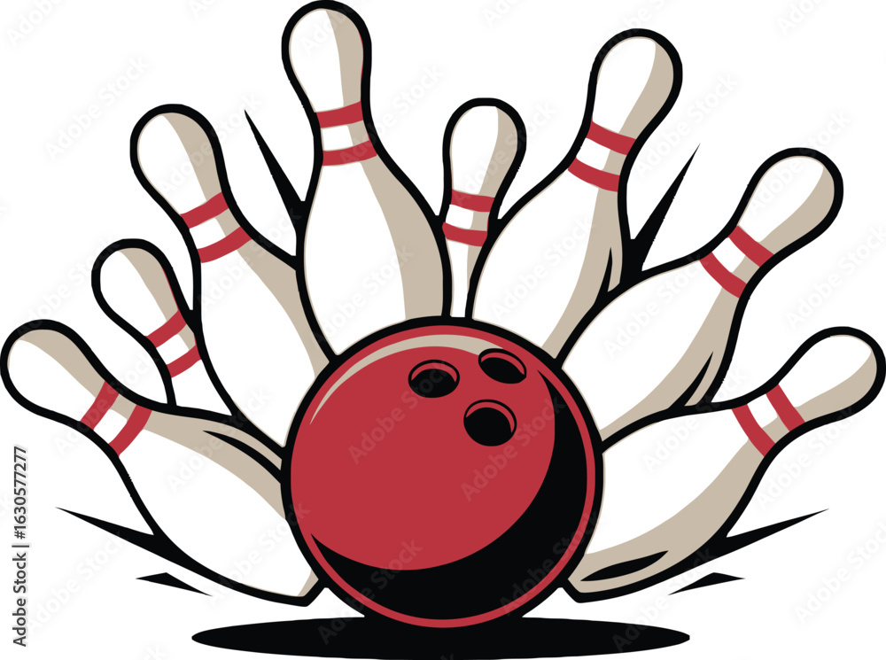 Bowling Strike with Ball Hitting Pins on Transparent Background Vector ...