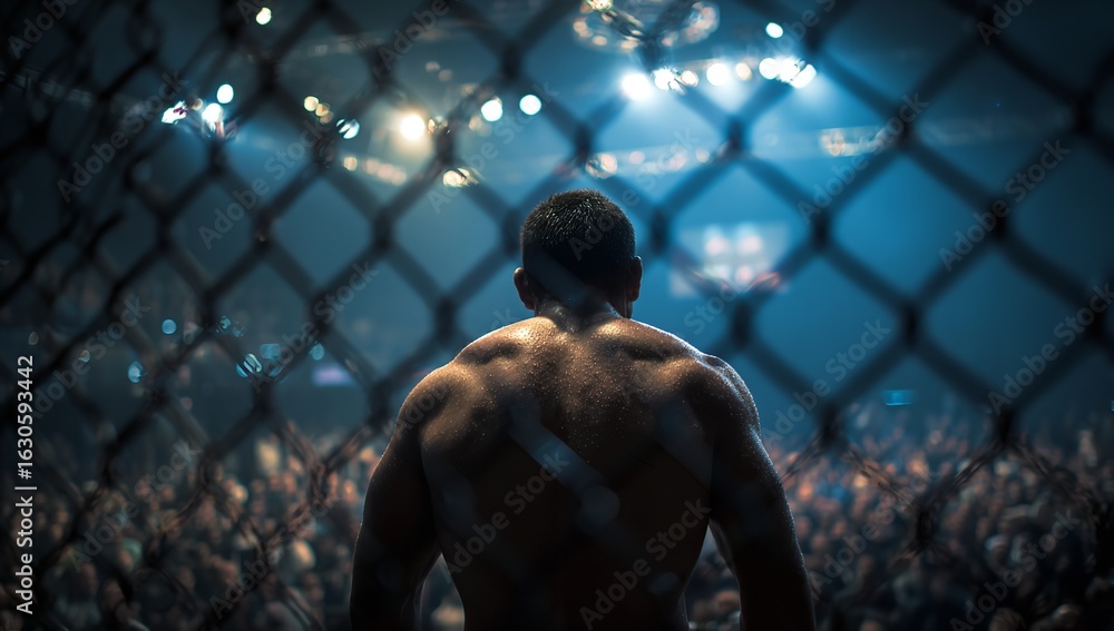 MMA Fighter Standing in Octagon Facing Crowd Through Chain-Link Fence ...