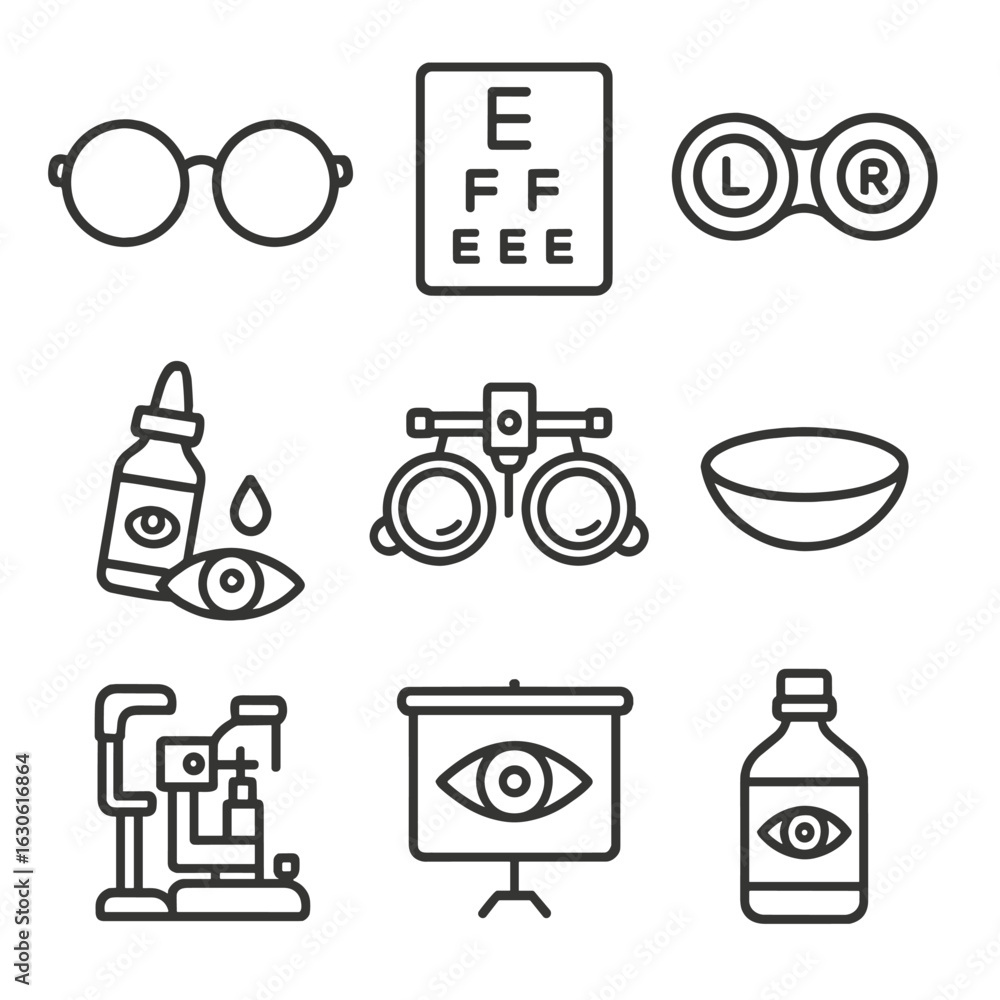 Eye Care Icons. Outline style icons of Eye Care Unit: optometrist ...