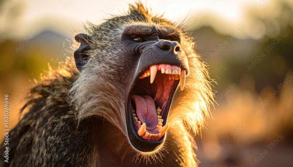 An angry baboon bares its teeth in a threatening display of aggression ...