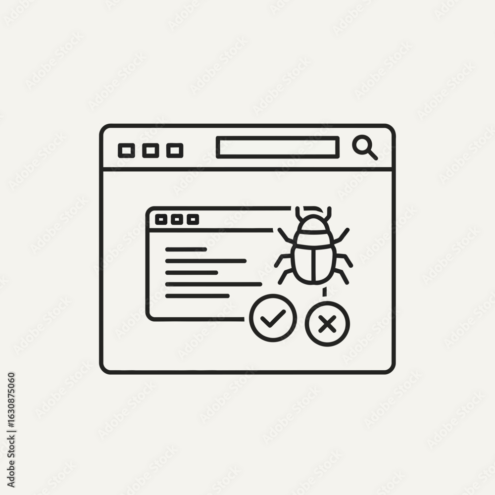 Diagnosing software glitches with a bug icon on a digital screen showing approval and rejection ...