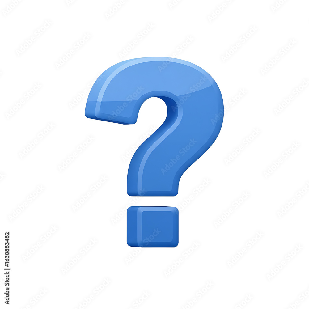 Shiny threedimensional blue question mark icon with a glossy reflective ...