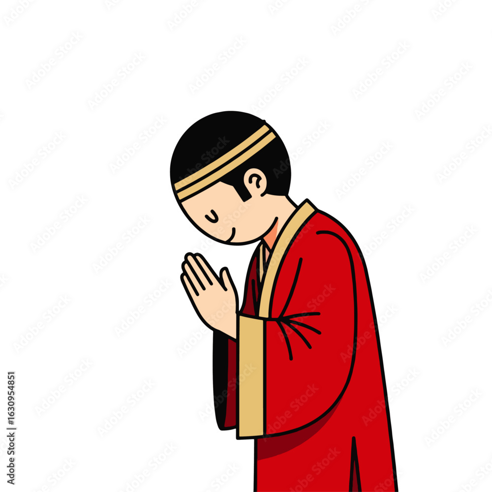 Cartoon illustration of a man bowing with hands clasped in a gesture of ...