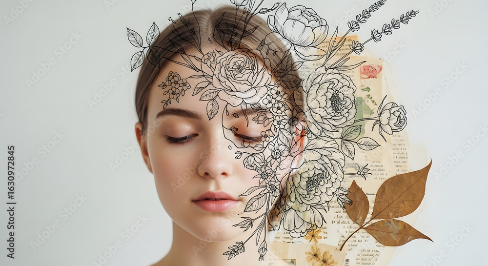 Artistic portrait of a beautiful woman with a floral line art overlay ...