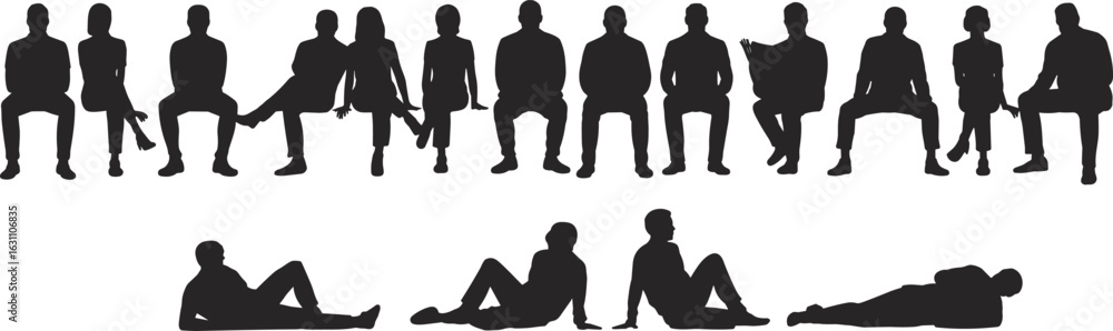Silhouette people sitting and lying down, various human poses, casual ...