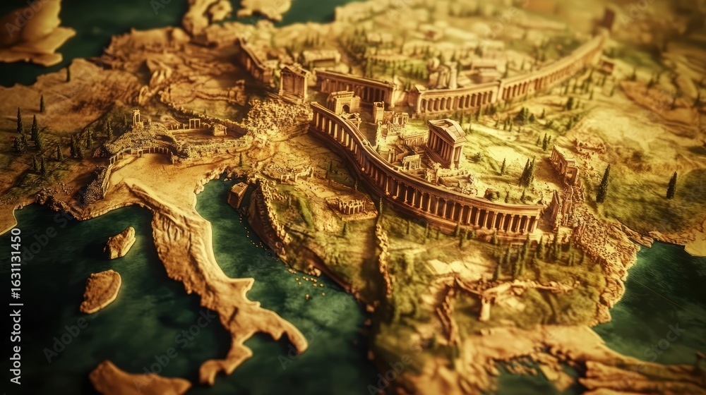 Ancient Mediterranean landscape. Detailed 3D map of historical ...