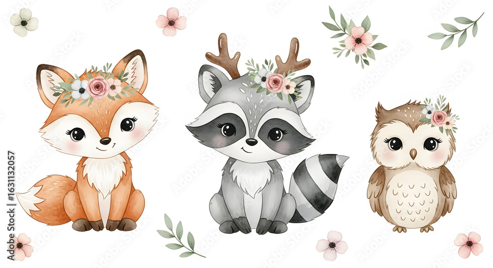 Watercolor set of forest cartoon isolated cute baby fox, deer, raccoon ...