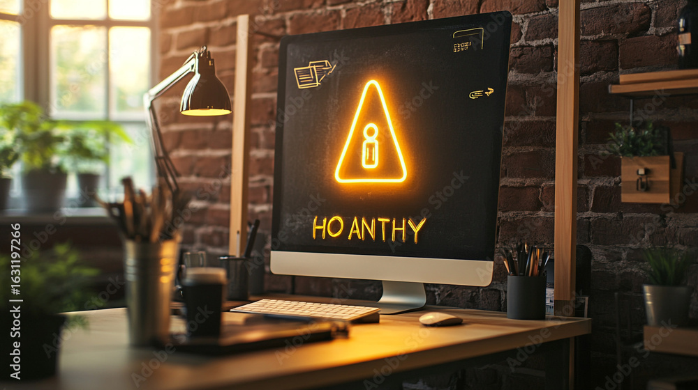Office workspace with computer displaying warning sign and Ho Anthy ...
