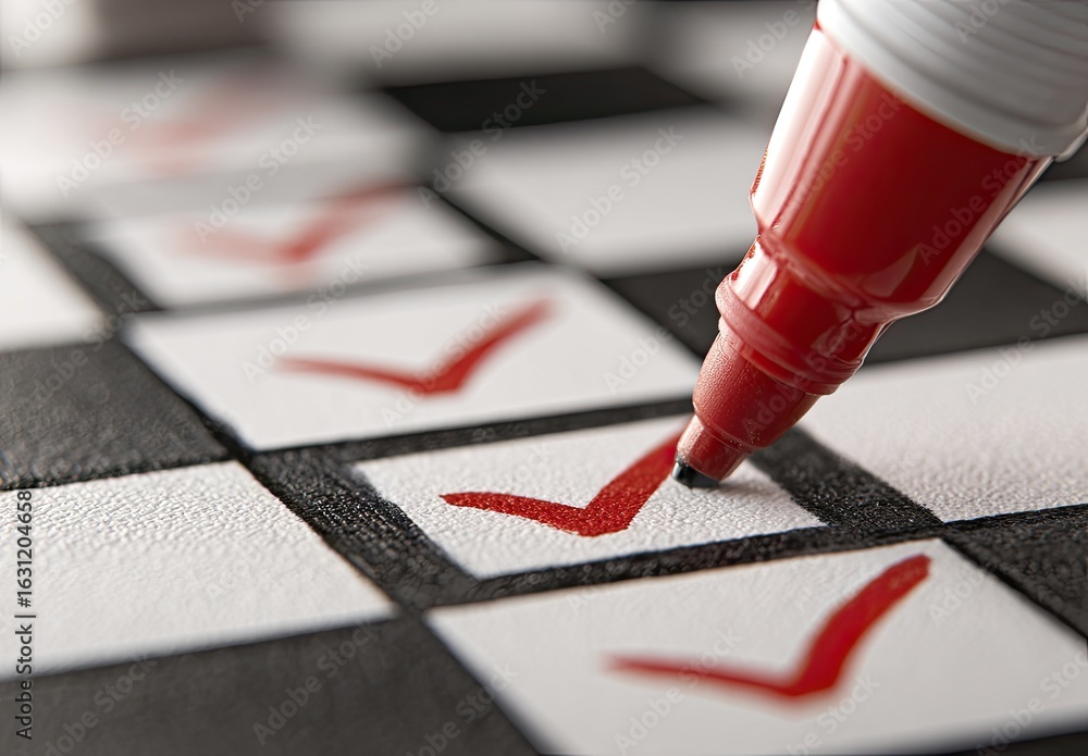 Red marker making checkmarks on a black and white grid Stock Photo ...