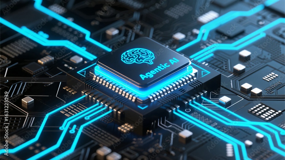 Agentic AI chip background with glowing neural brain interface and ...