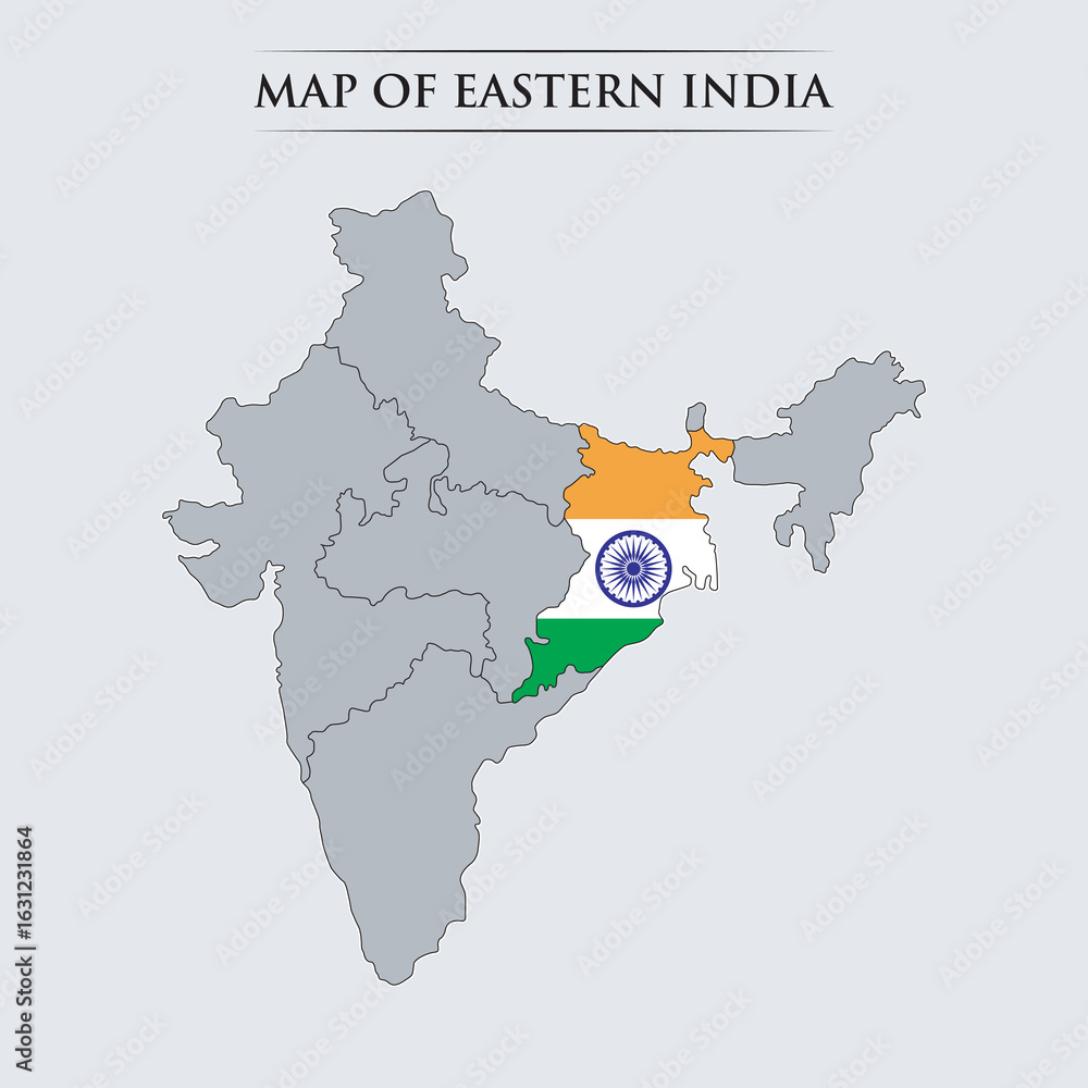 Map of eastern India with detailed geographic regions and state borders ...