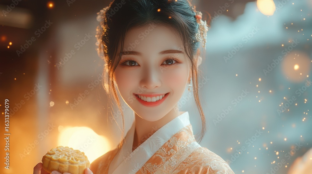 Young woman in Chuseok Day Food,Various Rice Cake, Korean Traditional ...