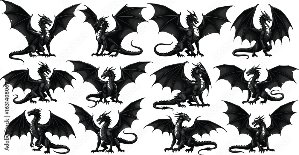 Black dragon illustrations, fantasy creature, winged monster, spiked ...