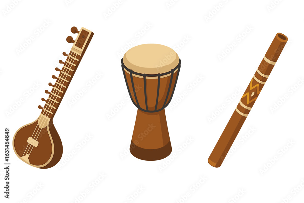 Isometric set of world traditional musical instruments vector—Indian ...