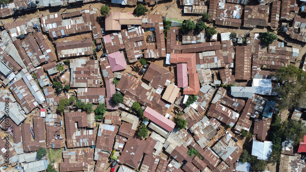 Overhead View of Dense Urban Slum with Corrugated Iron Roofs and ...