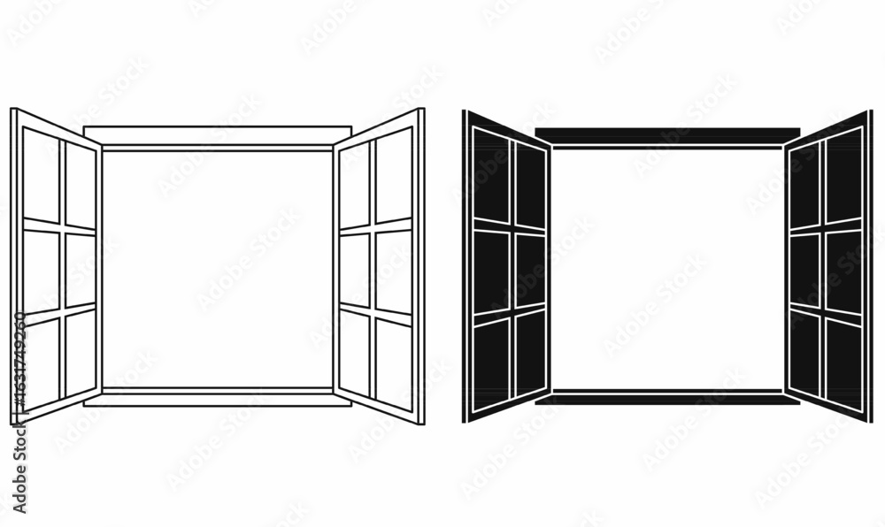 Vector set of open window frame icons in outline and silhouette solid style. Minimalist ...