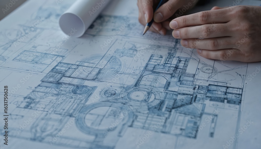Architect reviewing detailed construction blueprint design. Hands using ...