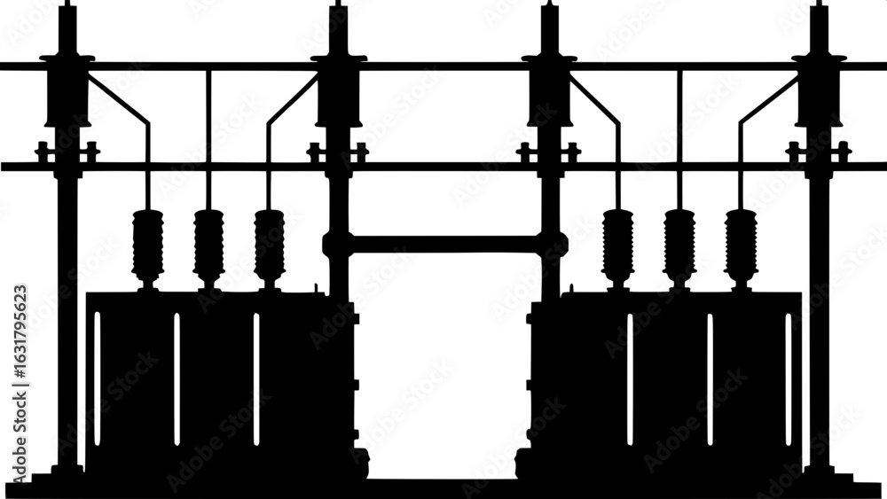Technical black and white rendering of an electrical substation, clean ...