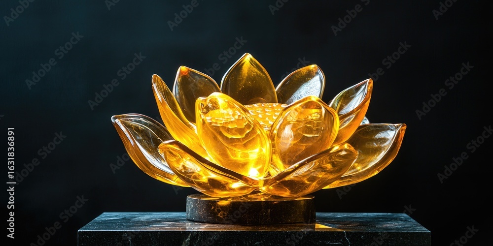 Refined sculpture of a lotus flower made from glowing amber glass on a ...