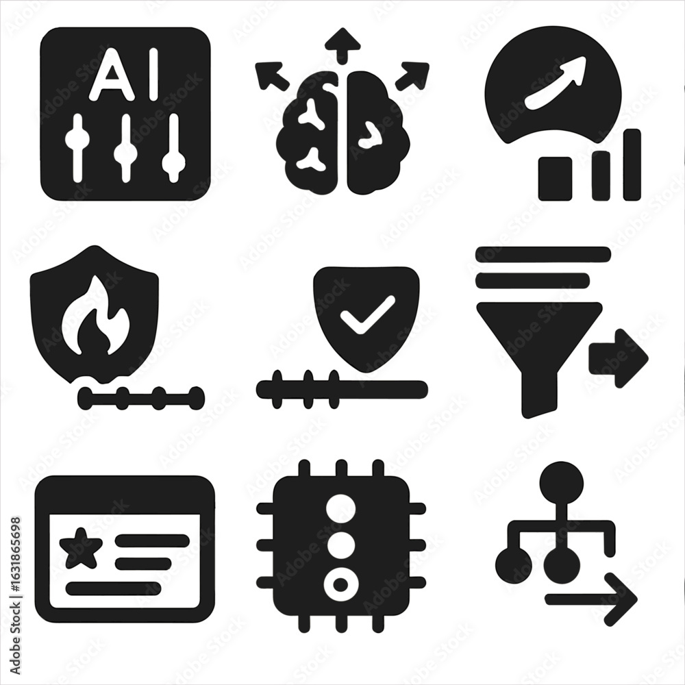 AI Decision Icons. Solid vector icons of AI-powered decision-making: AI ...