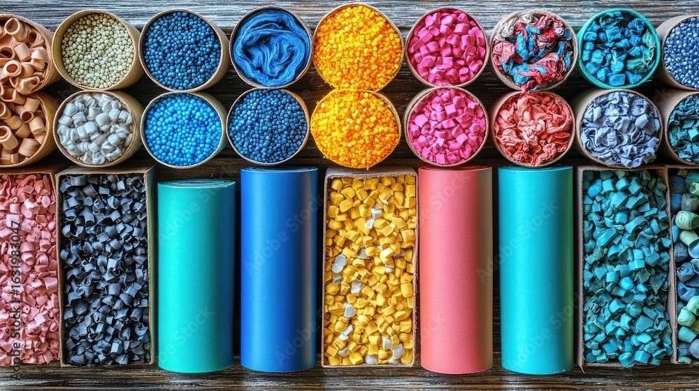 Colorful plastic pellets in containers, on rustic wooden surface ...