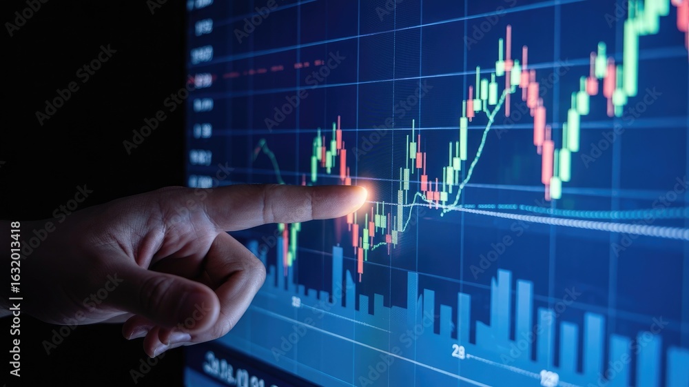 Human finger pointing at glowing stock market candlestick chart with ...