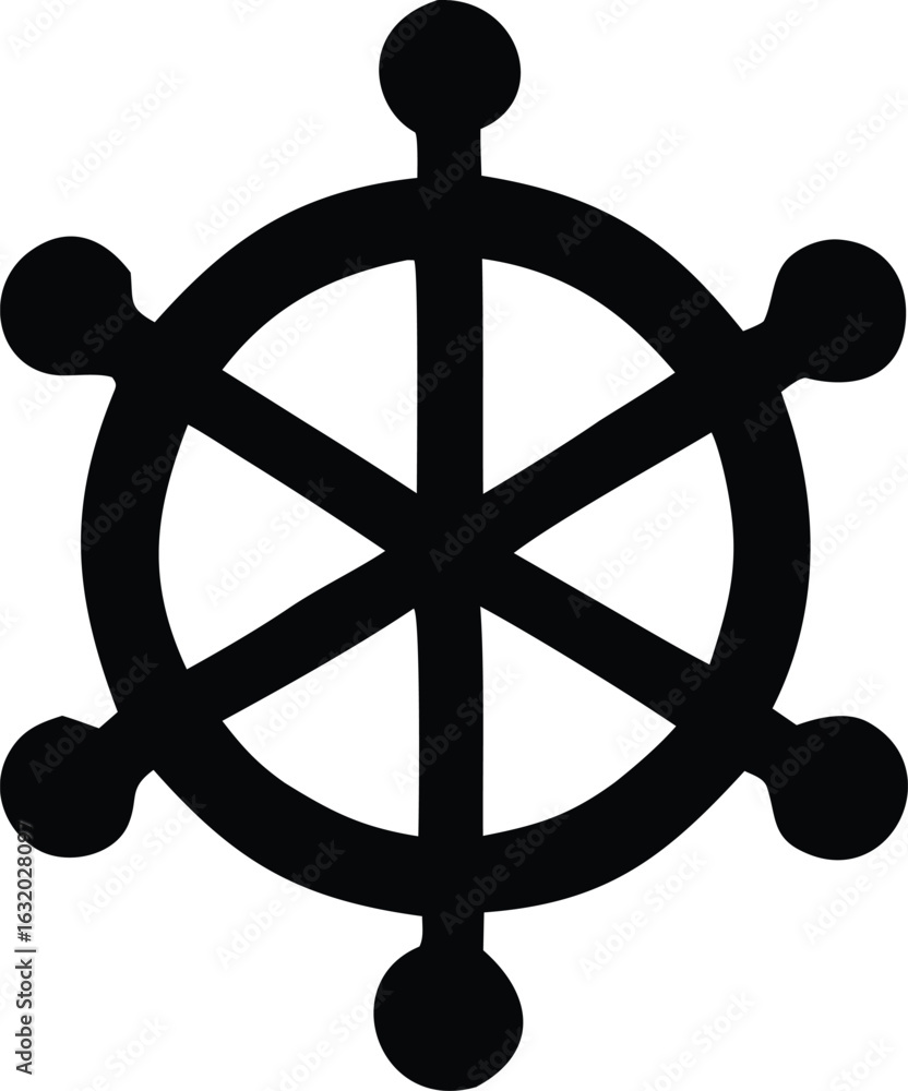 Stylized black buddhist dharma wheel symbol with six spokes and ...