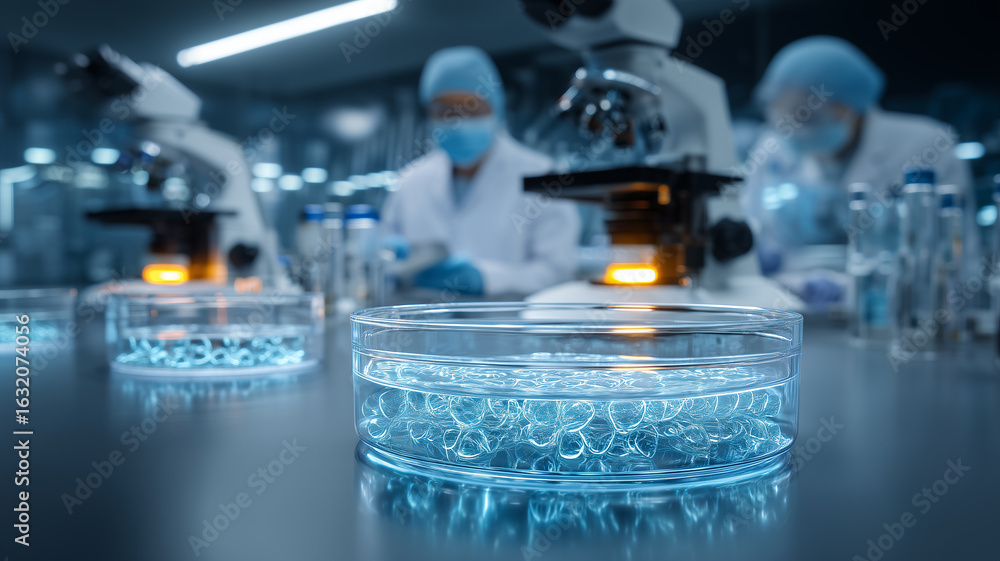 Researchers analyze crystal clear hydrogel samples under glowing ...
