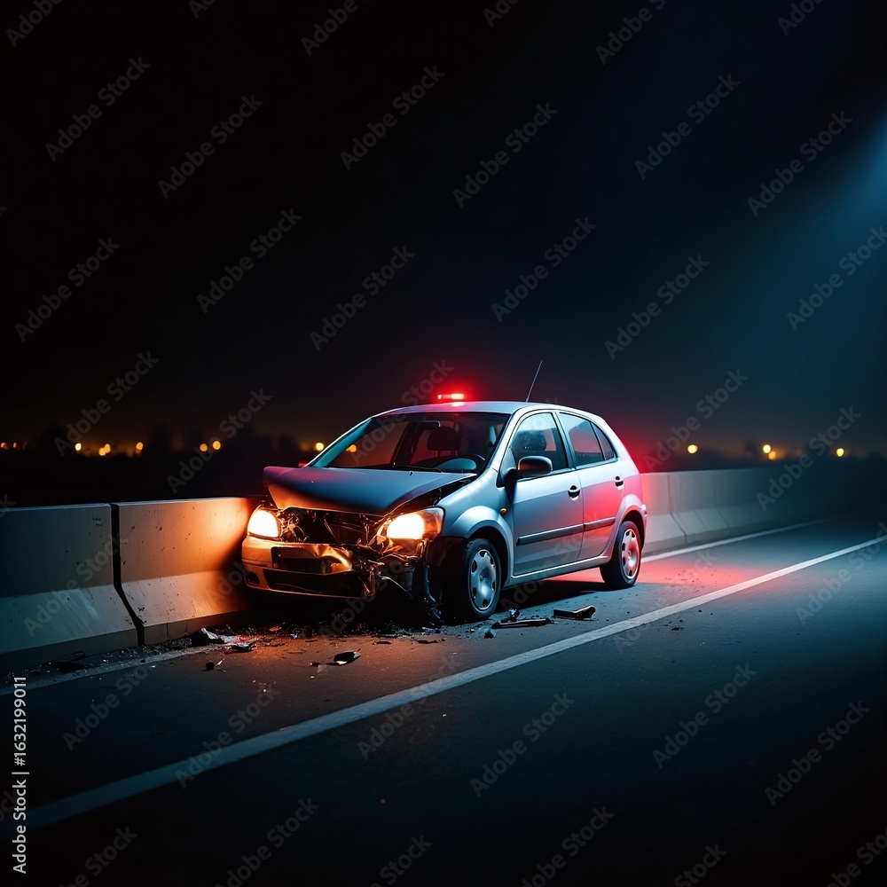 Car crash scene at night with damaged vehicle and emergency lights ...