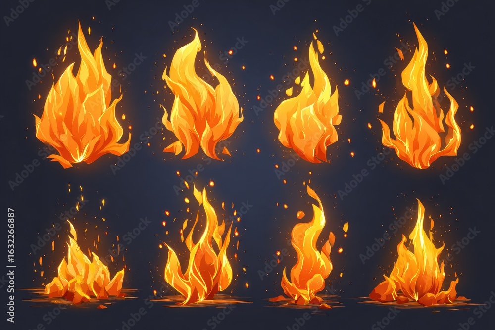 Nine illustrations of various fiery flames against a dark background ...