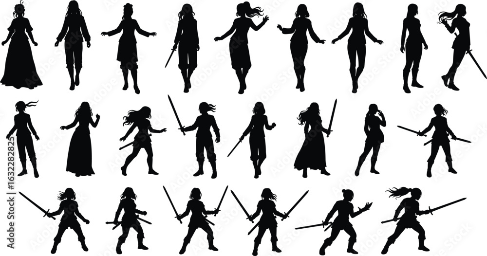 Silhouette set of stylish women in fashion poses and battle stances ...